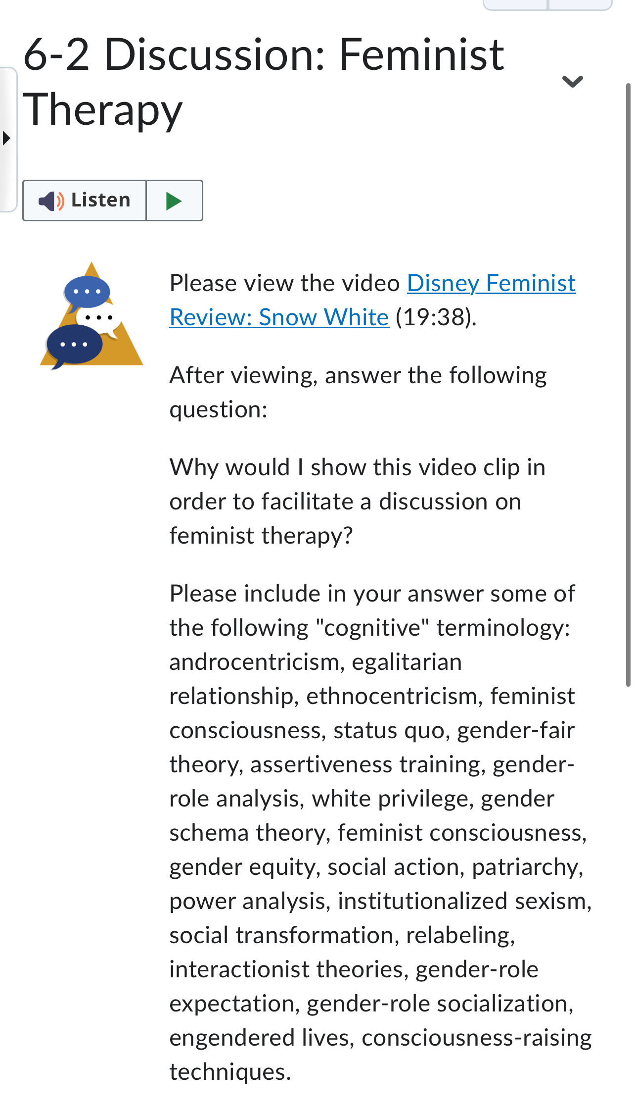 Solved 6-2 ﻿Discussion: Feminist TherapyPlease view the | Chegg.com