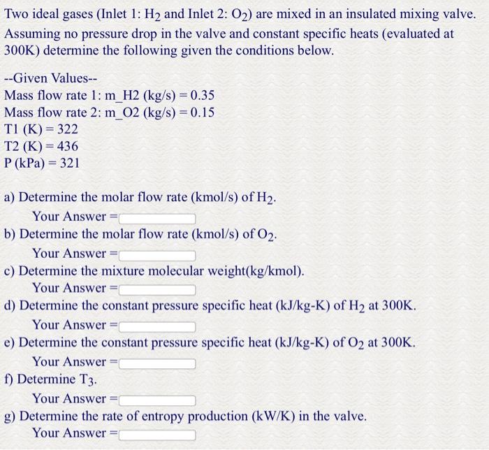 Solved Two ideal gases (Inlet 1:H2 and Inlet 2:O2 ) are | Chegg.com