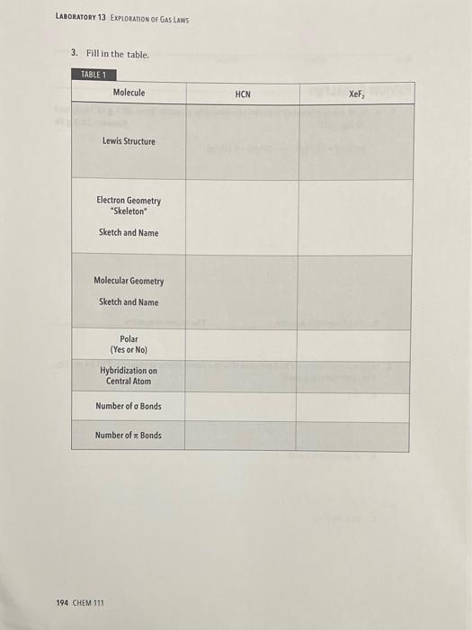 Solved LaBORATORY 13 ExPLOEATION OF Gas LaWS 3. Fill in the | Chegg.com