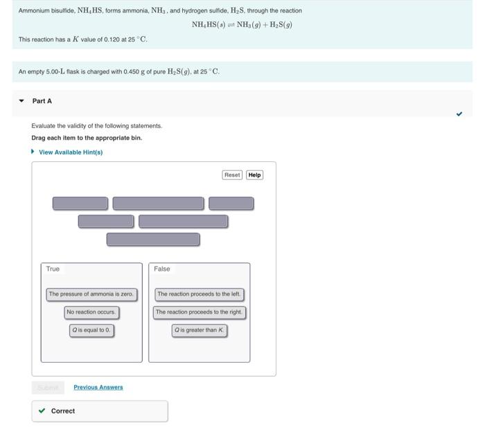Ammonium bisulfide, NH4HS, forms ammonia, NH3, and | Chegg.com