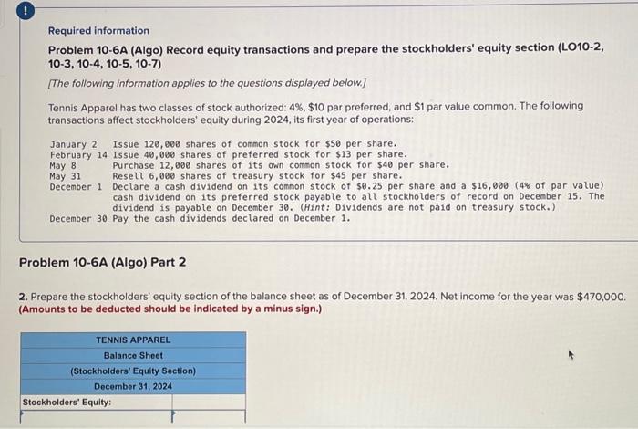 Solved Required information Problem 10-6A (Algo) Record | Chegg.com