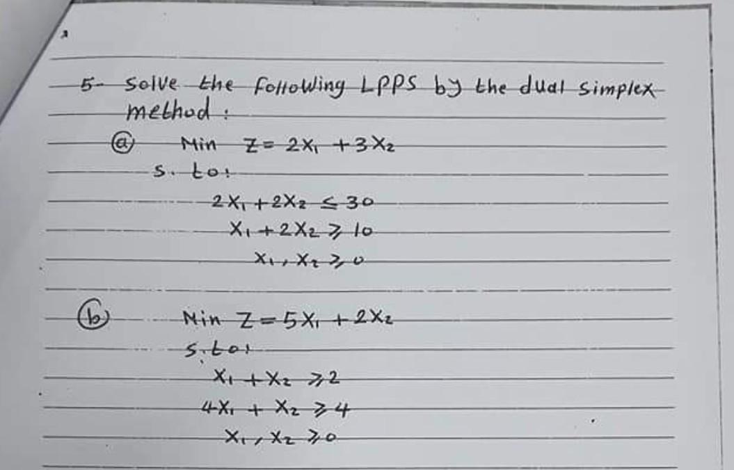 Solved 5- Solve the following LPPS by the dual simplex | Chegg.com
