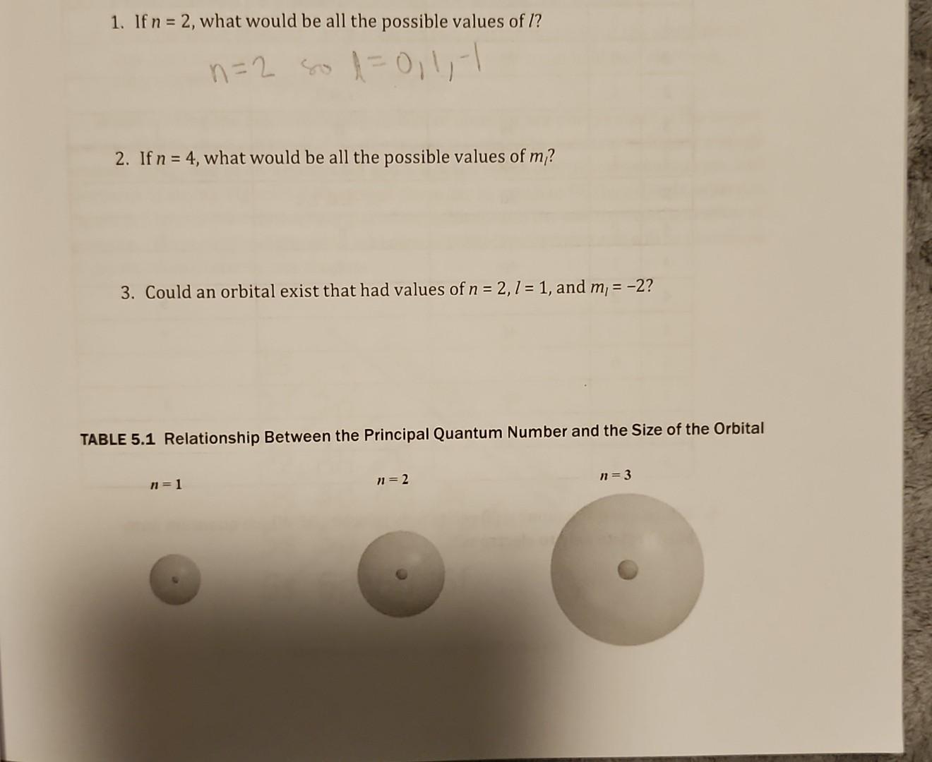 Solved 1. If n=2, what would be all the possible values of l | Chegg.com