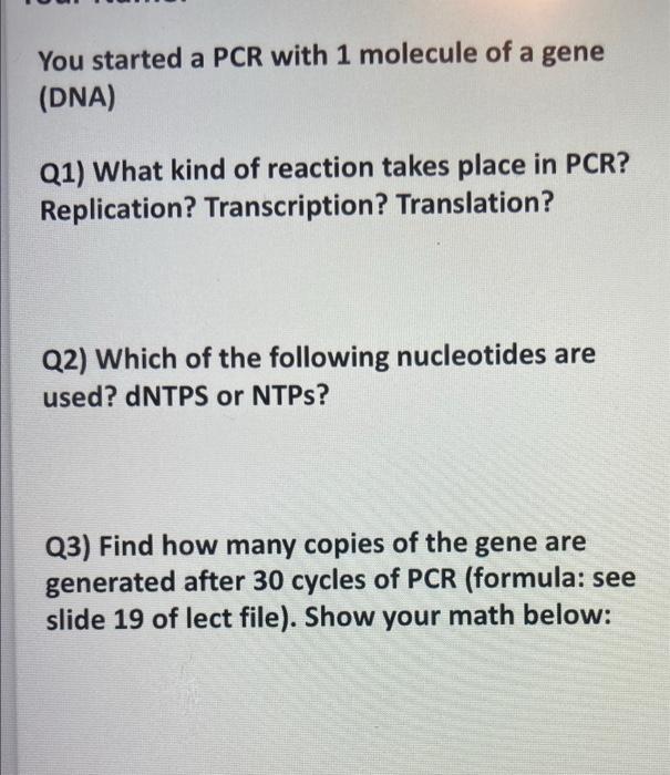 Solved You started a PCR with 1 molecule of a gene (DNA) Q1) | Chegg.com