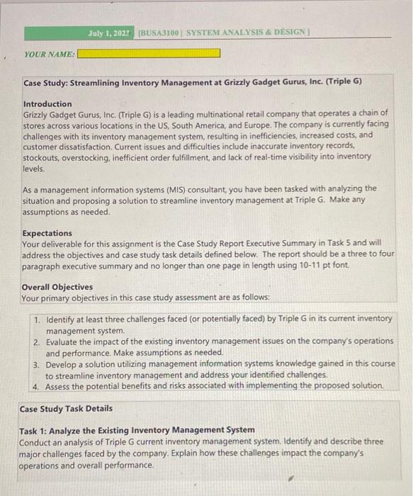 Solved YOUR NAME: Case Study: Streamlining Inventory | Chegg.com