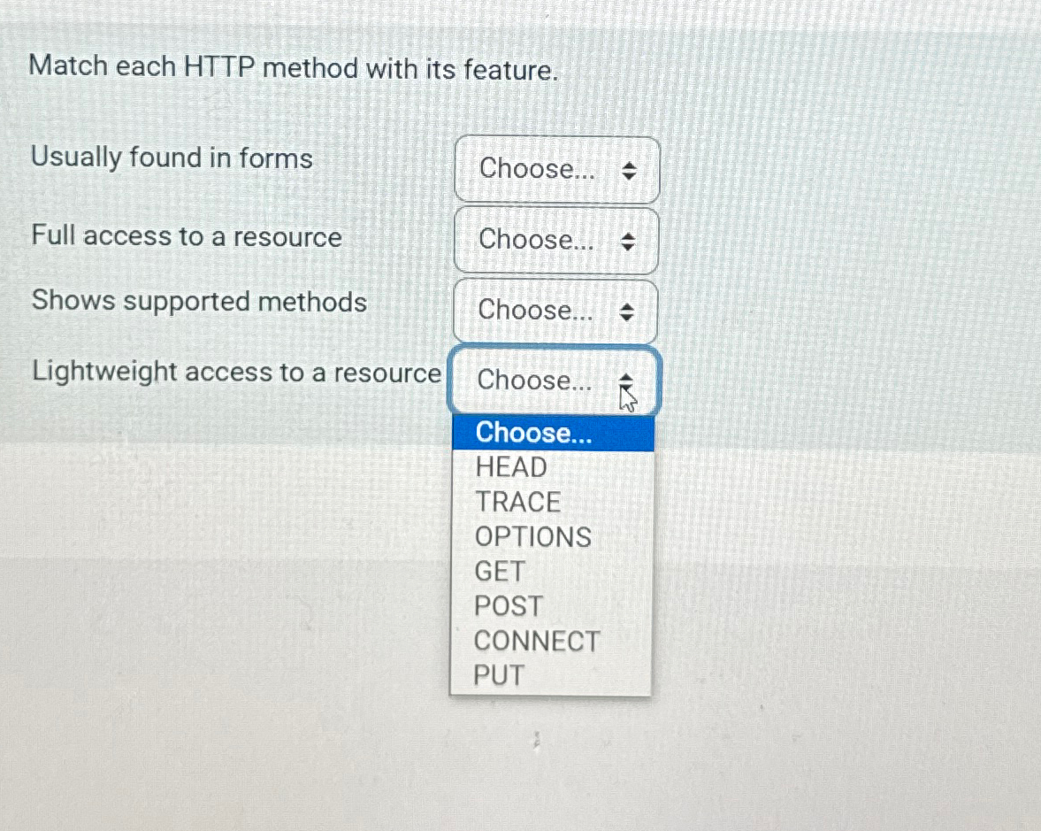 Solved Match each HTTP method with its feature.Usually found | Chegg.com