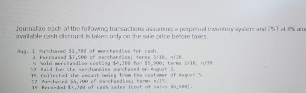 Solved Journalize each of the following transactions | Chegg.com