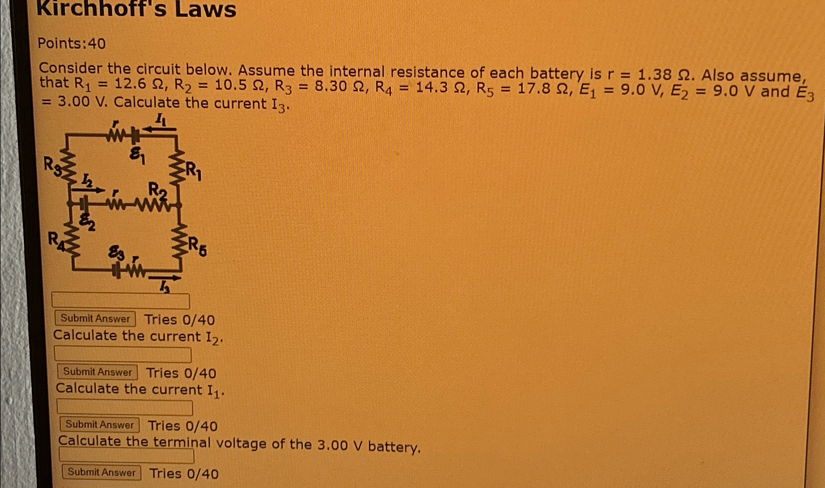 Solved Kirchhoff's LawsPoints: 40Consider the circuit below. | Chegg.com