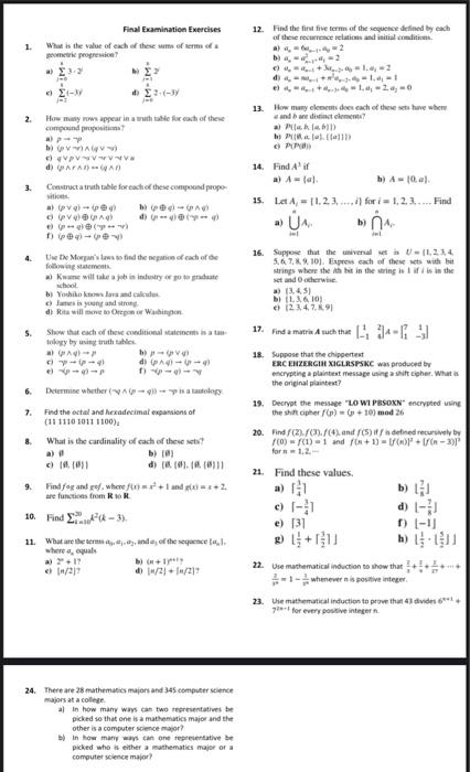 Final Examination Exercises 12. Find the firw five | Chegg.com