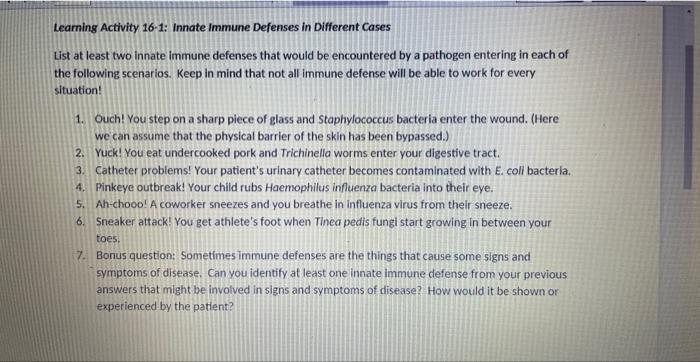 Solved Learning Activity 16-1: Innate Immune Defenses in | Chegg.com