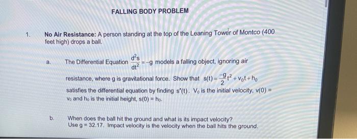 Solved FALLING BODY PROBLEM 1. No Air Resistance: A person | Chegg.com