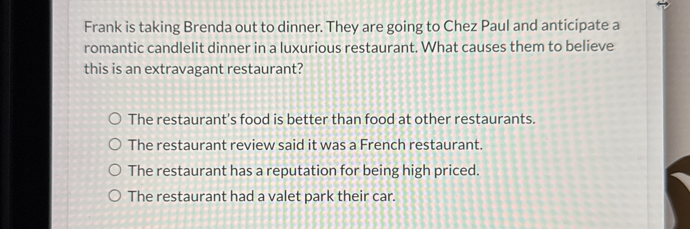 Solved Frank is taking Brenda out to dinner. They are going | Chegg.com