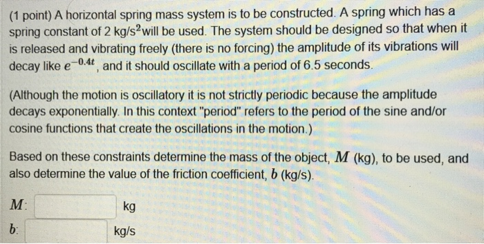 Solved (1 point) A horizontal spring mass system is to be | Chegg.com