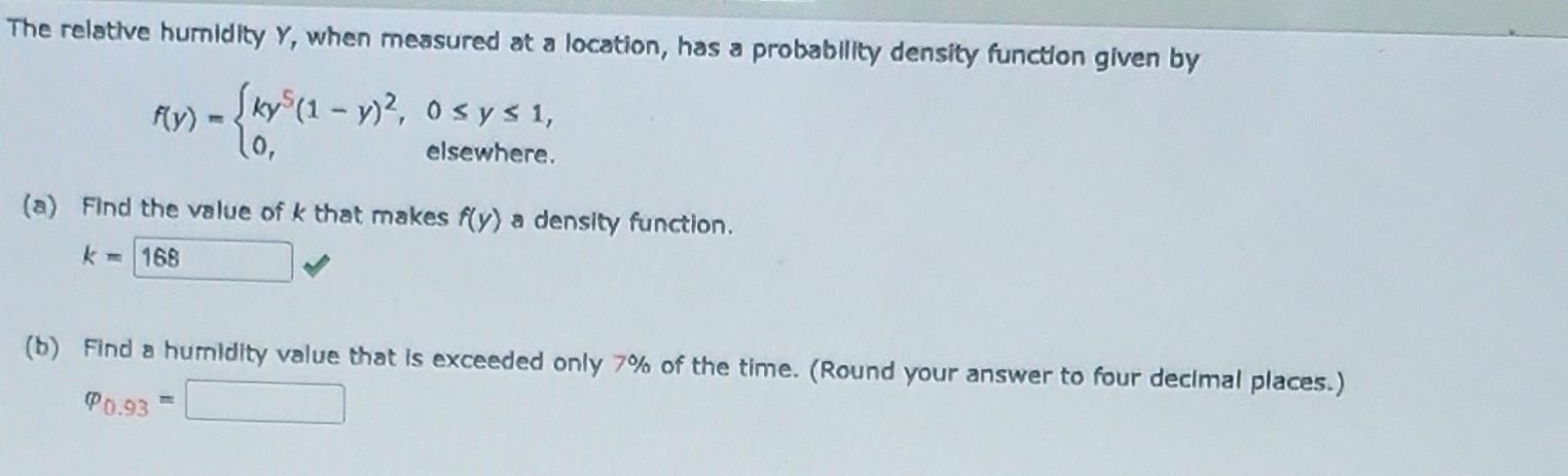 Solved The relative humidity Y, when measured at a location, | Chegg.com