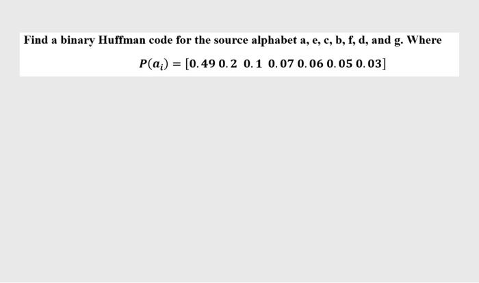 Solved Find a binary Huffman code for the source alphabet a, | Chegg.com