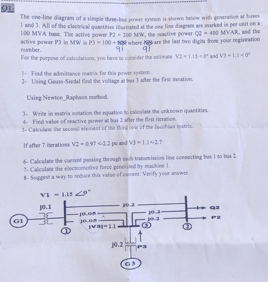 Solved 01: The one-line diagram of a simple three-bus power | Chegg.com