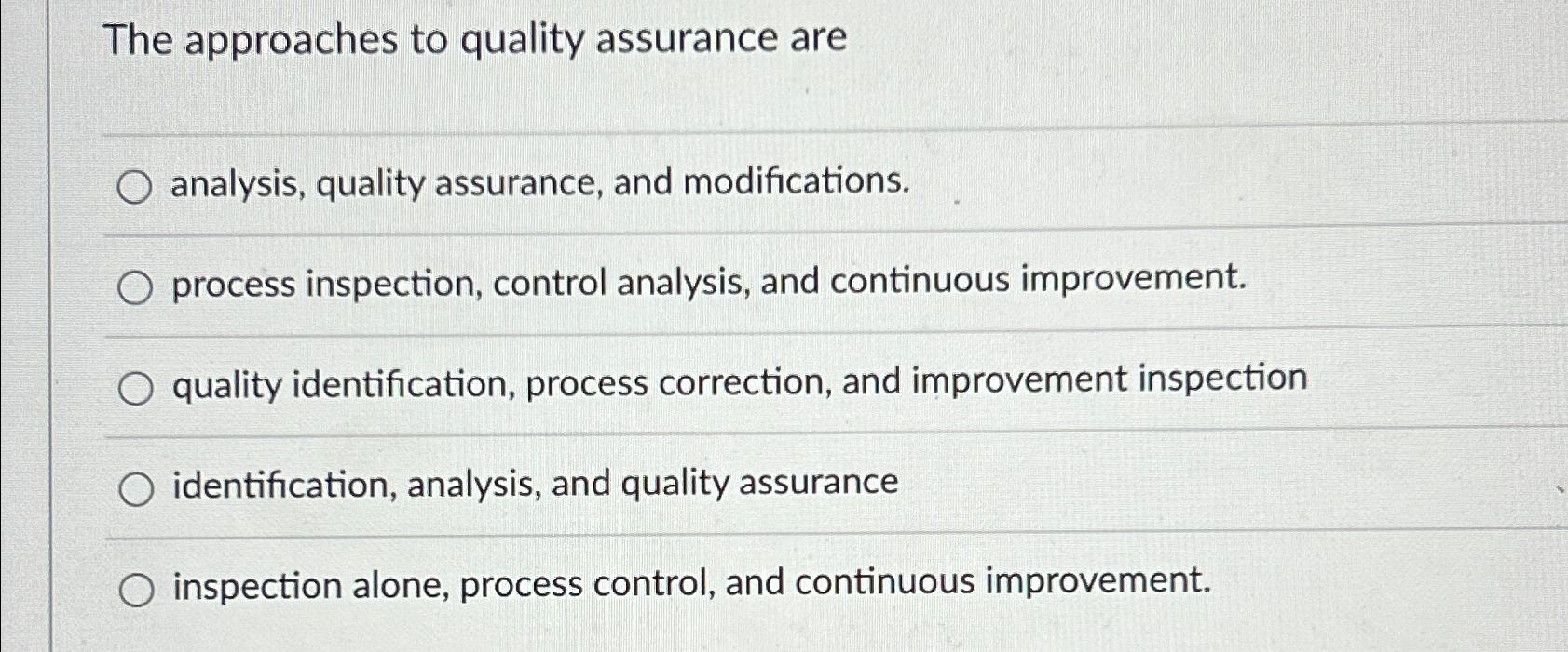 Solved The approaches to quality assurance areanalysis, | Chegg.com