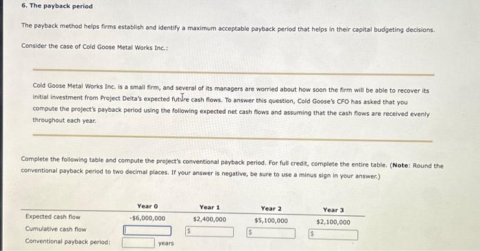 Solved 6. The payback period The payback method helps firms | Chegg.com