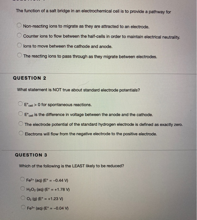 Solved The function of a salt bridge in an electrochemical | Chegg.com