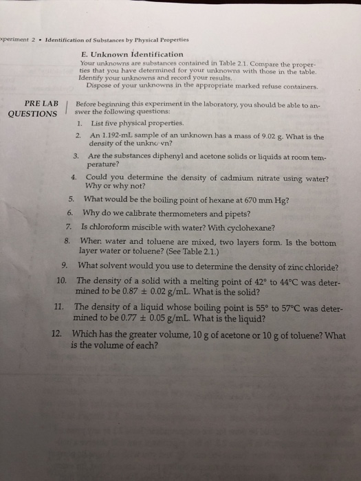 Solved periment 2. Identification of Substances by Physical | Chegg.com