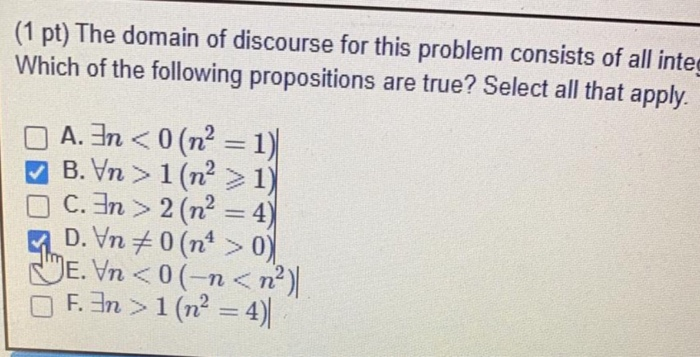 Solved (1 pt) The domain of discourse for this problem | Chegg.com