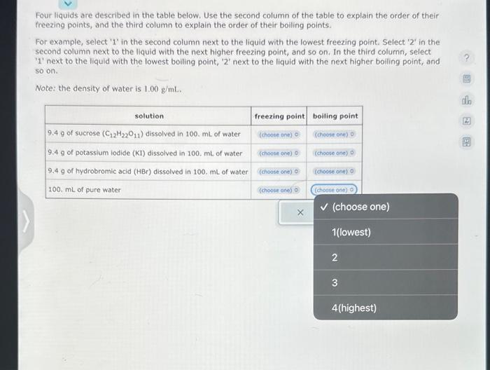 Solved Four liquids are described in the table below. Use | Chegg.com
