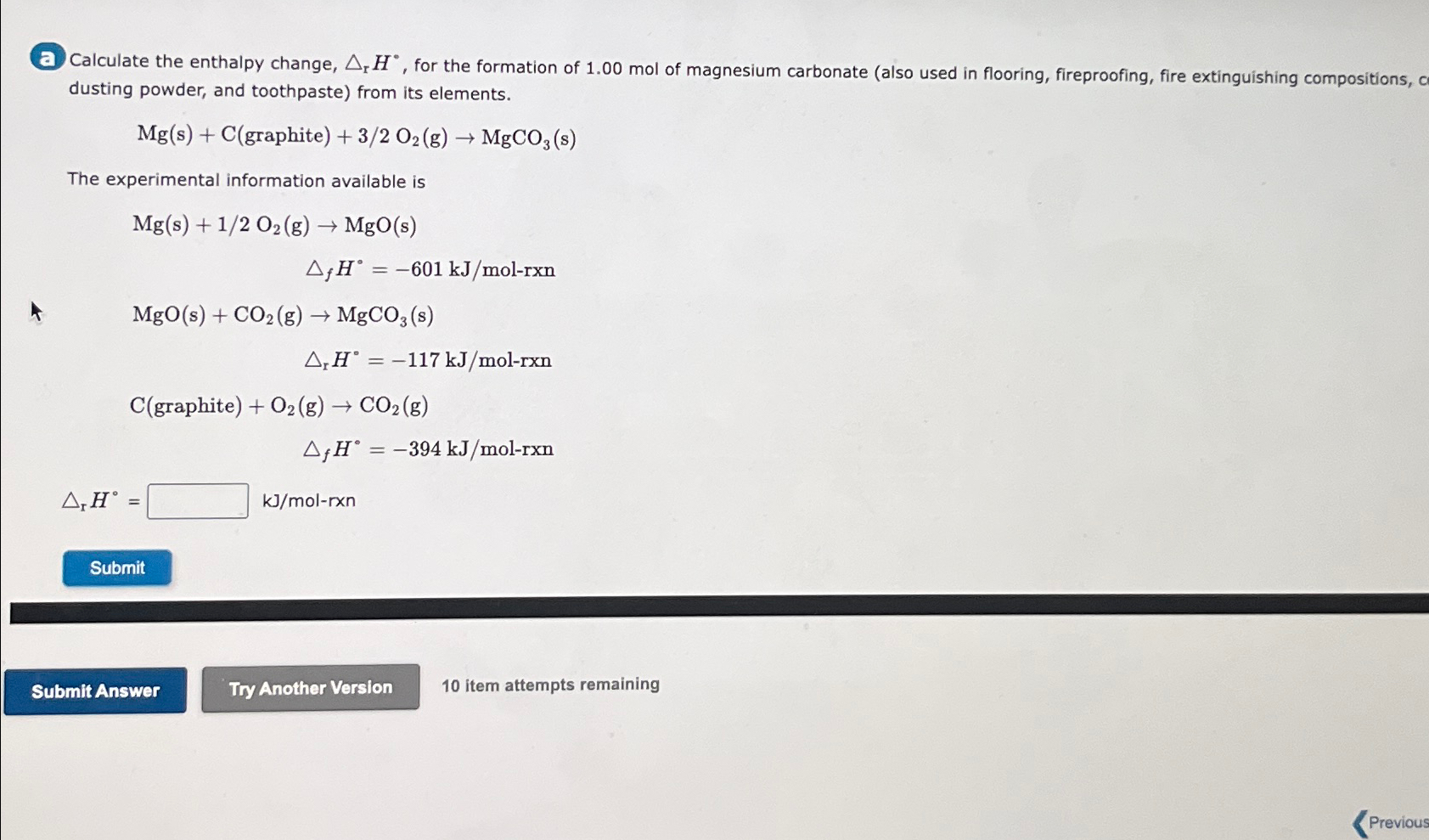 Solved (a) ﻿Calculate the enthalpy change, ?????rH°, ﻿for | Chegg.com