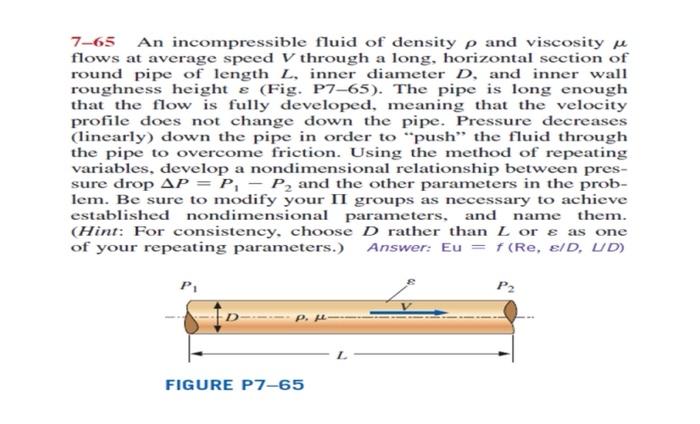Solved 7-65 An incompressible fluid of density ρ and | Chegg.com