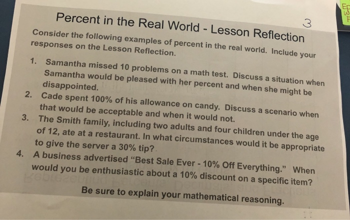 Solved Percent in the Real World - Lesson Reflection | Chegg.com