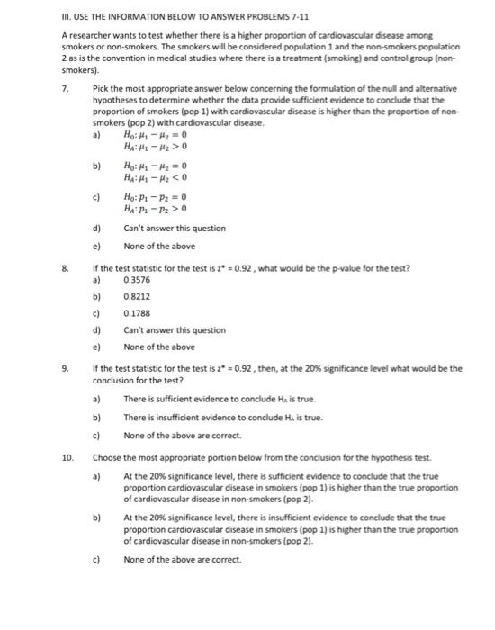 Solved III. USE THE INFORMATION BELOW TO ANSWER PROBLEMS | Chegg.com