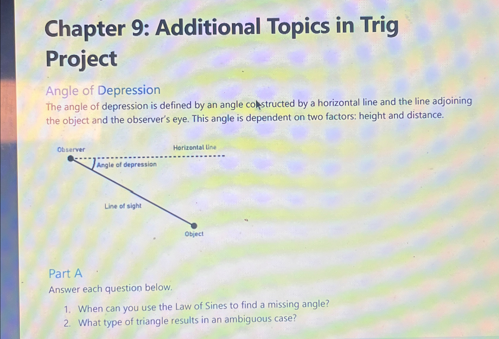 Solved Chapter 9: Additional Topics in Trig ProjectAngle of | Chegg.com