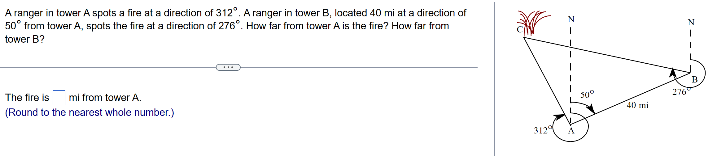 Solved A ranger in tower A spots a fire at a direction of | Chegg.com