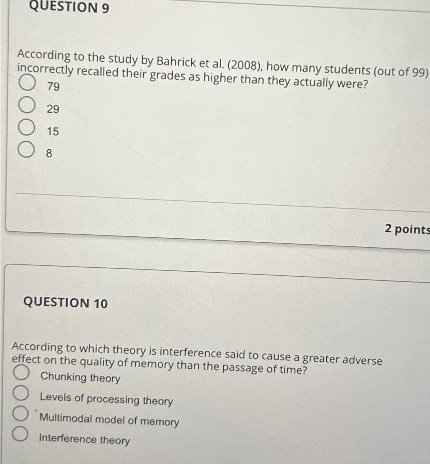 Solved QUESTION 9According to the study by Bahrick et | Chegg.com