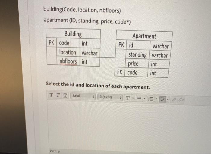 Solved building(Code, location, nbfloors) apartment (ID, | Chegg.com