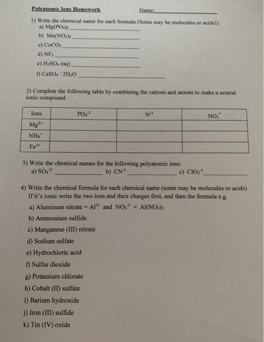 Solved Polyatomie lons Homework Name: 1) Write the chemical | Chegg.com