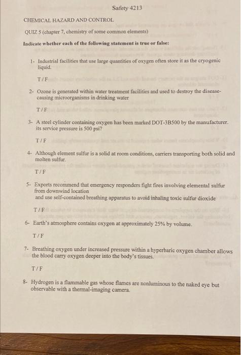 Solved Safety 4213 CHEMICAL HAZARD AND CONTROL. QUIZ 5 | Chegg.com