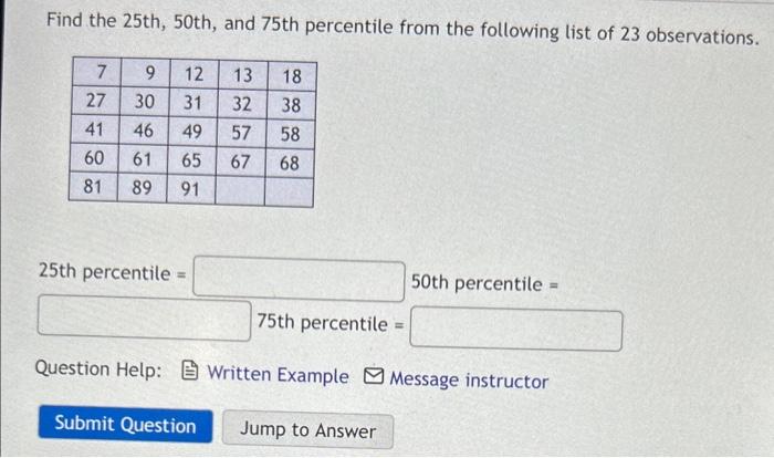 Solved Find the 25th, 50th, and 75 th percentile from the | Chegg.com
