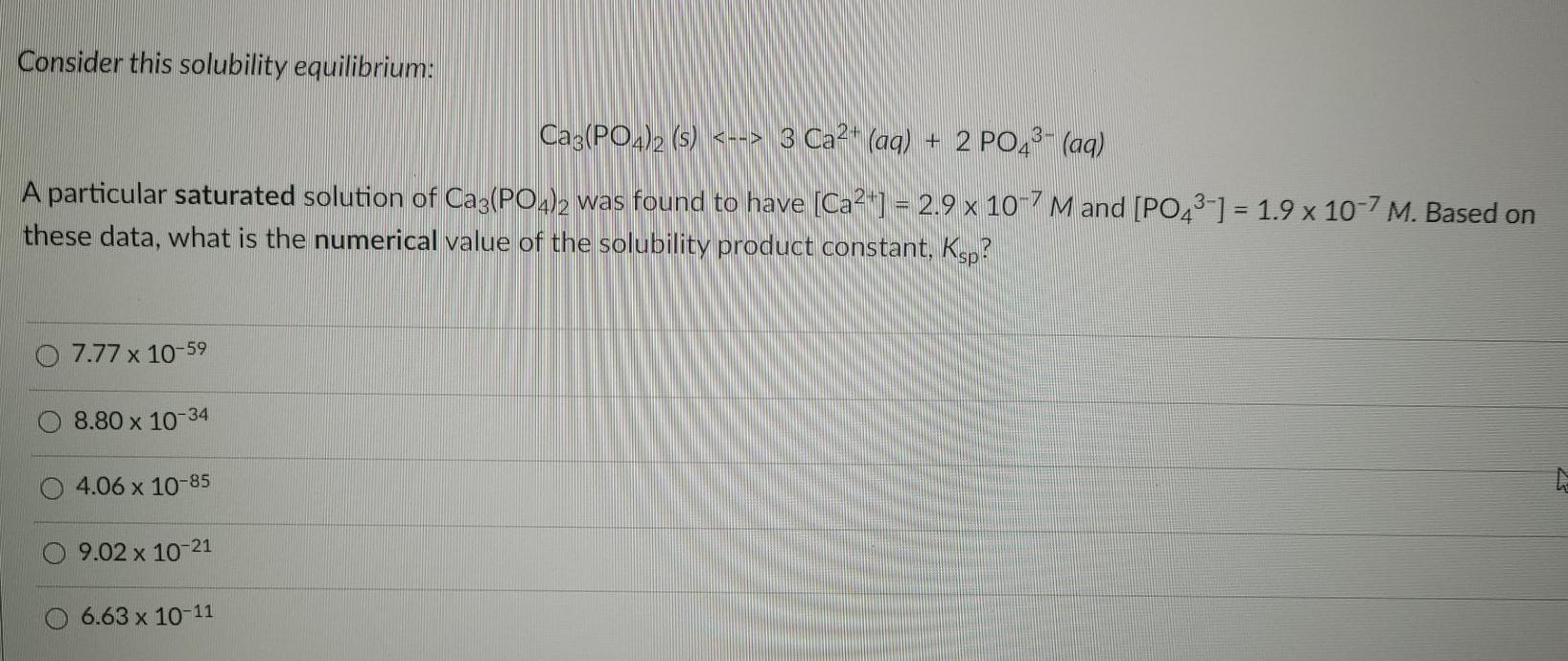Solved Consider this solubility equilibrium: Ca3(PO4)2 (s) | Chegg.com