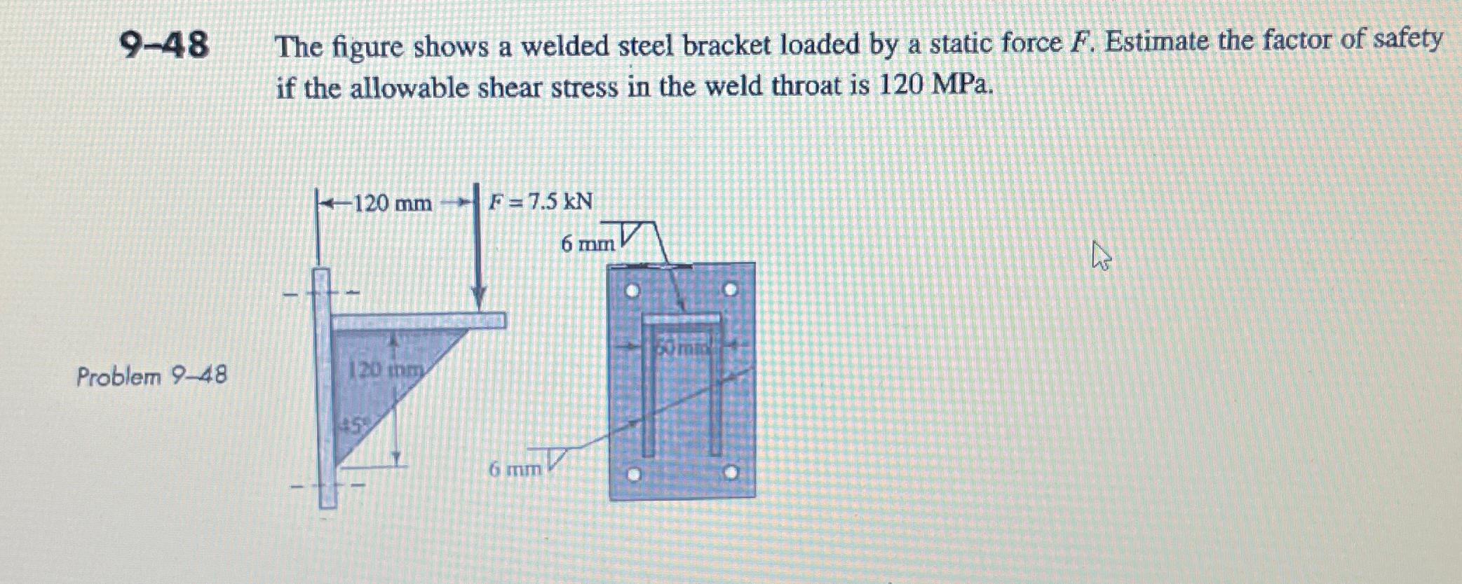Solved 9-48 ﻿The figure shows a welded steel bracket loaded | Chegg.com