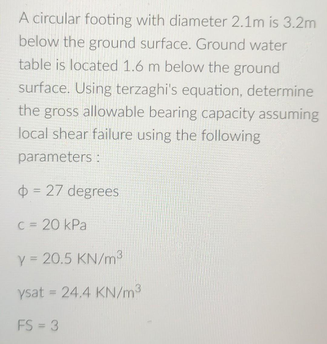 Solved A circular footing with diameter 2.1m is 3.2m below | Chegg.com