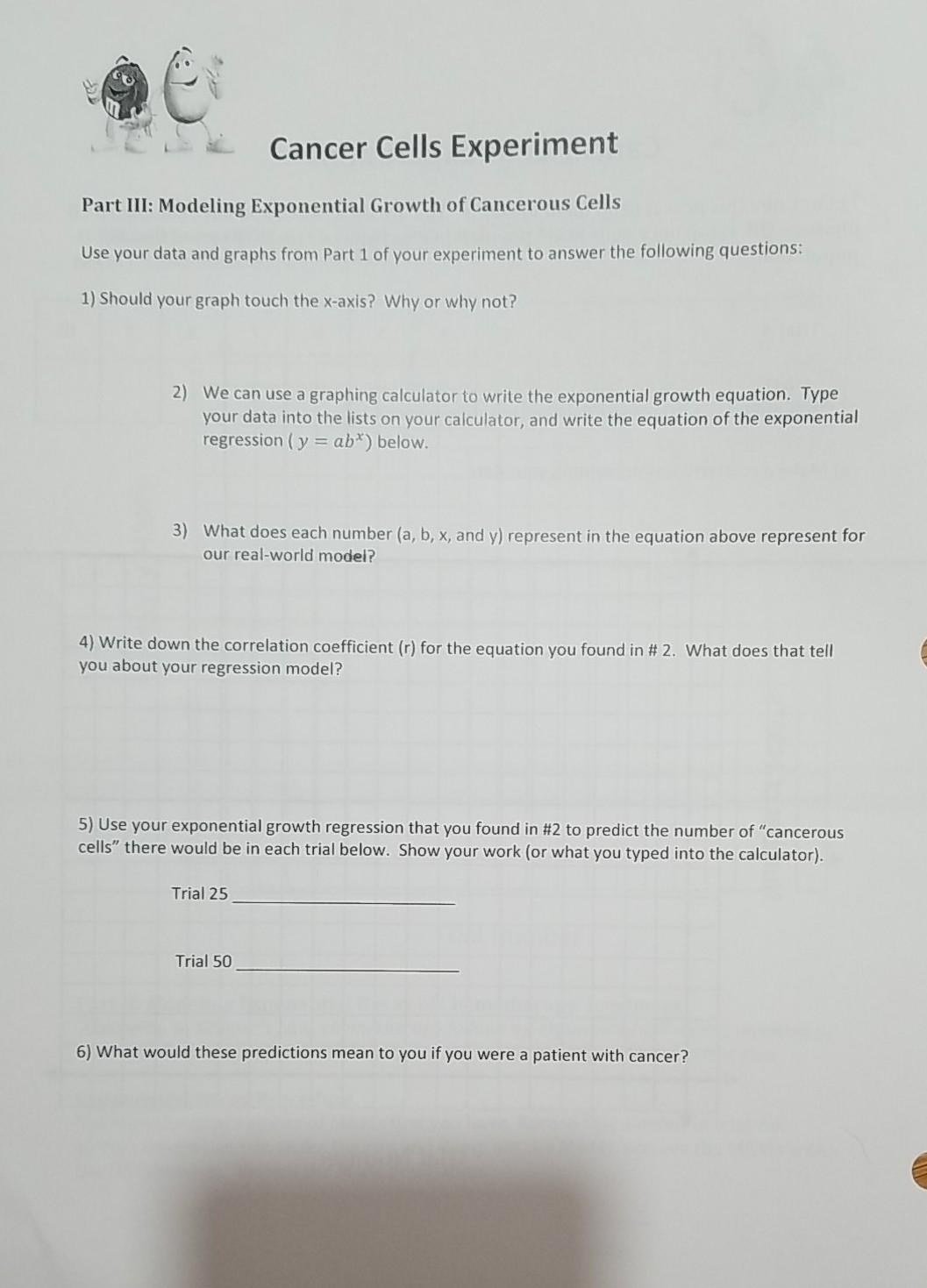 Cancer Cells Experiment M&M Lab (Exponential Growth | Chegg.com