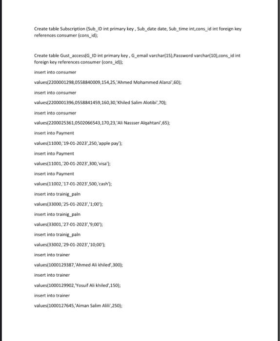 Solved Create database Gym; show databases; use Gym; Create | Chegg.com