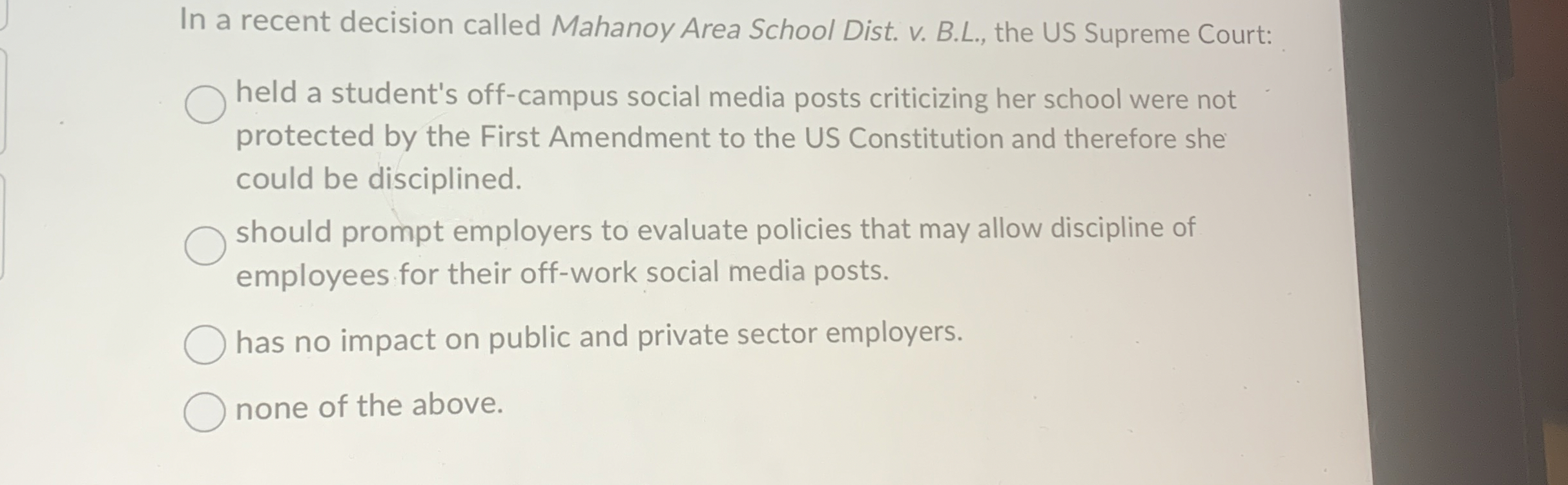 Solved In a recent decision called Mahanoy Area School Dist. | Chegg.com