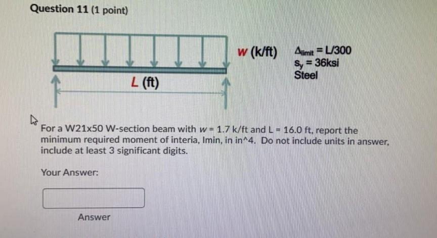 Solved Question 11 (1 point) w (k/ft) Alimit=/300 Sy = 36ksi | Chegg.com