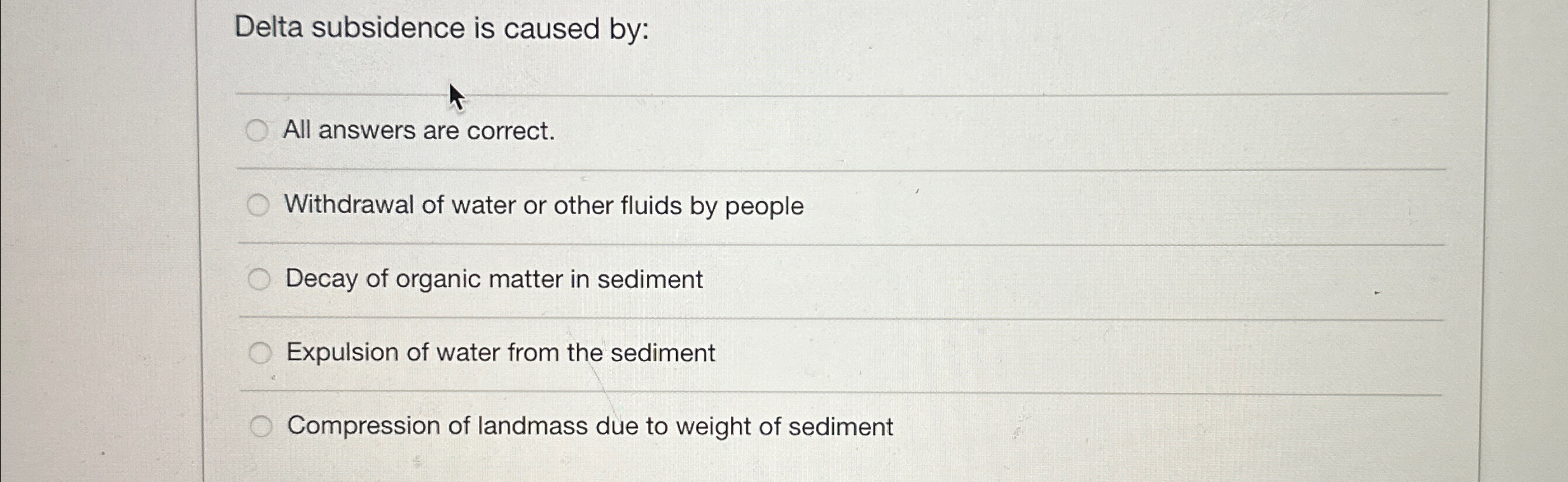 Solved Delta subsidence is caused by:All answers are | Chegg.com