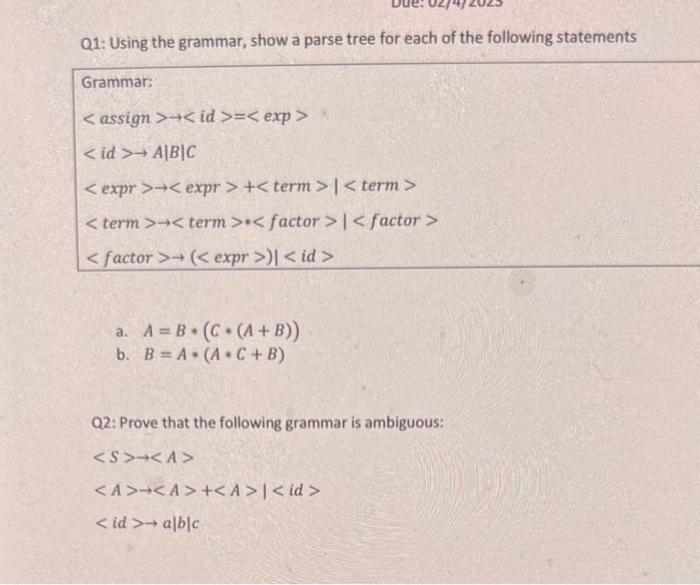Solved Q1: Using the grammar, show a parse tree for each of | Chegg.com