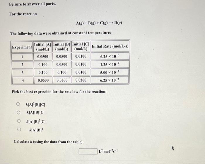 Solved Be sure to answer all parts. For the reaction | Chegg.com