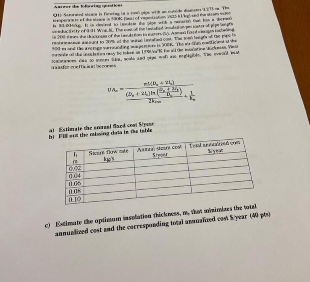Solved Q1) Saturated steam is flowing in a steel pipe with | Chegg.com