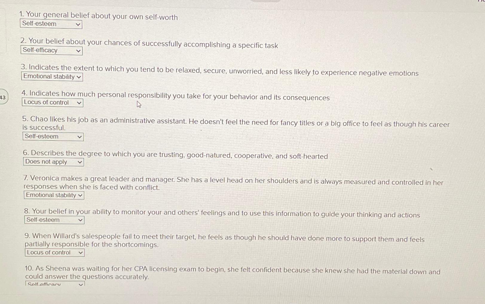 Solved Your general belief about your own | Chegg.com