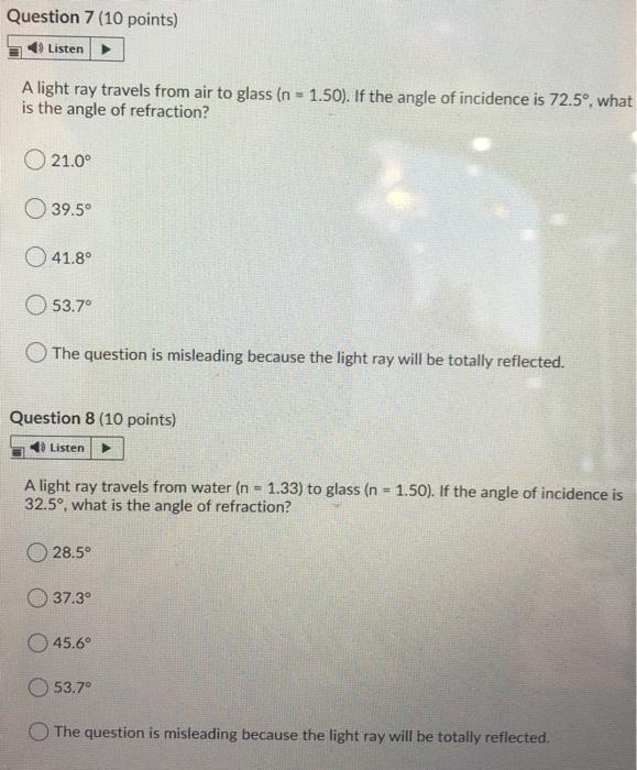 Solved Question 7 (10 points) Listen A light ray travels | Chegg.com